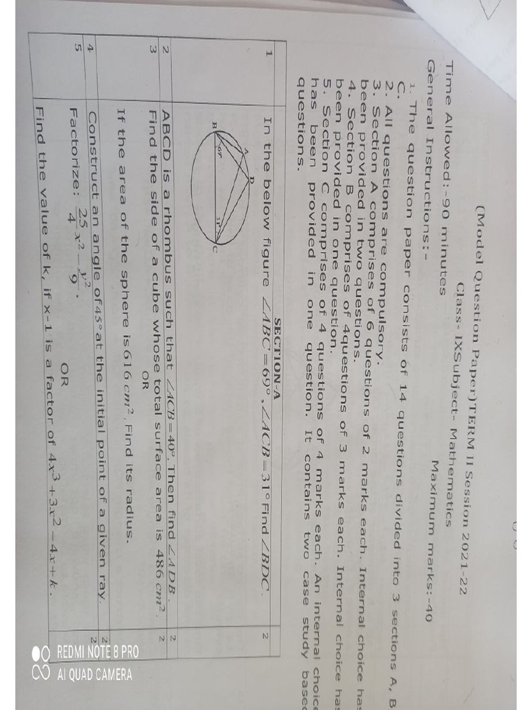 Modal Question Paper Term2 Maths | PDF