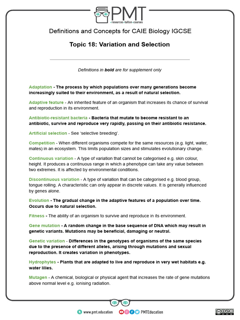 Definitions - Topic 18 Variation and Selection - CAIE Biology IGCSE ...