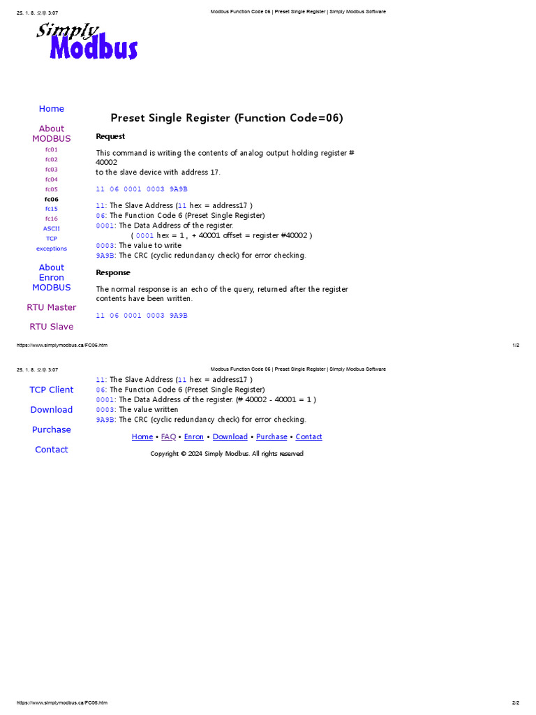 Modbus Function Code 06 Preset Single Register Simply Modbus Software Pdf Computer
