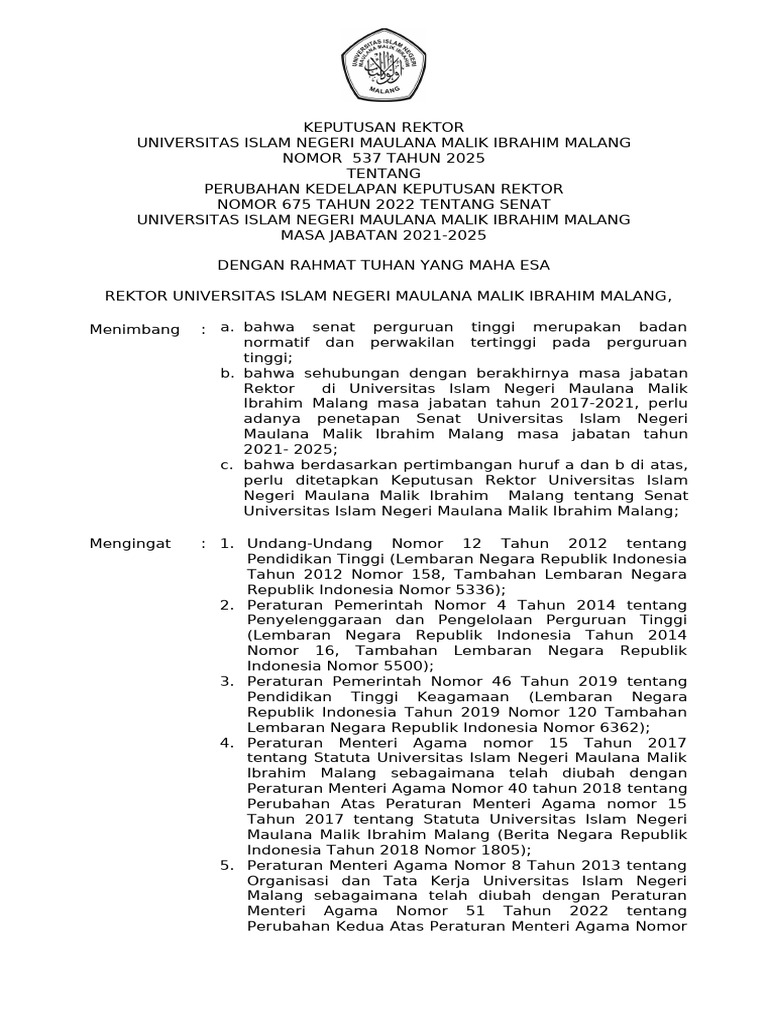 SK - 537 Perubahan Kedelapan Keputusan Rektor Nomor 675 Tahun 2022 Tentang Senat Universitas ...