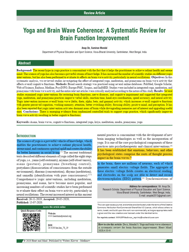 Yoga and Brain Wave Coherence A Systematic Review. | PDF | Neural Oscillation | Meditation