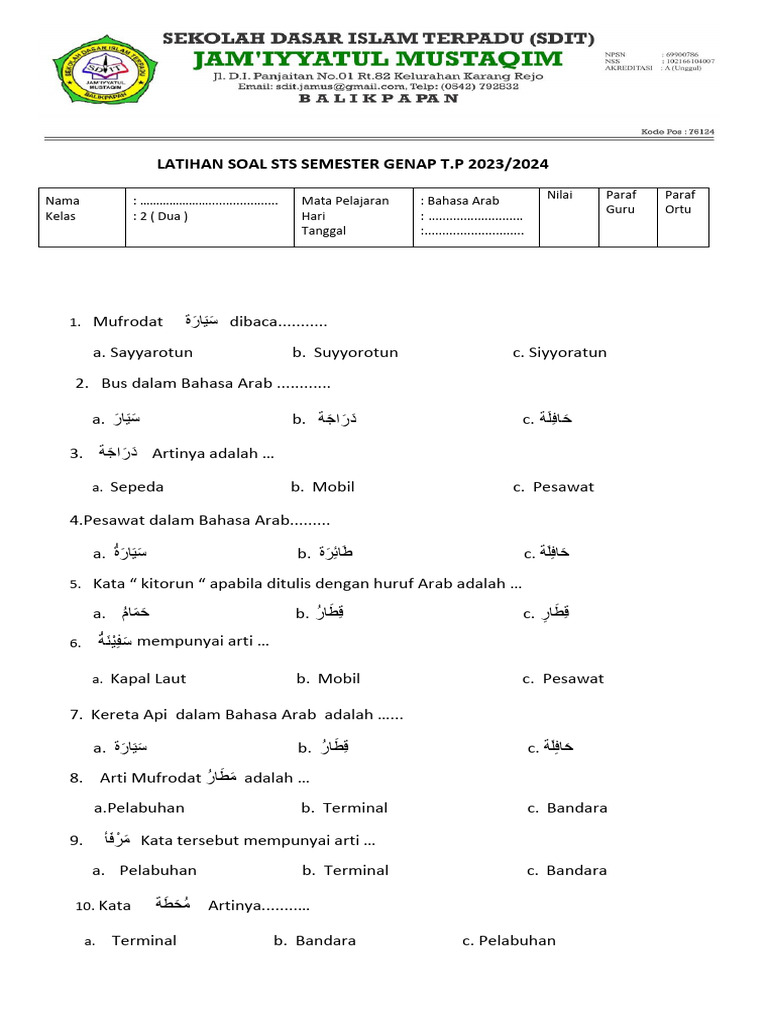 Latihan Soal STS Bahasa Arab Semester Genap Tahun 2024 KLS 2 | PDF