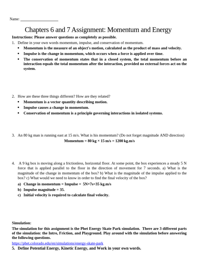 PHY 110 Chapters 6 and 7 Kinetic and Potential Energy | PDF | Momentum | Force
