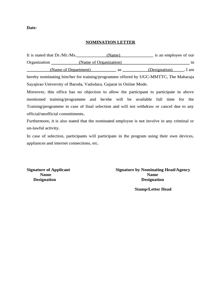 Nomination Letter Sample | PDF