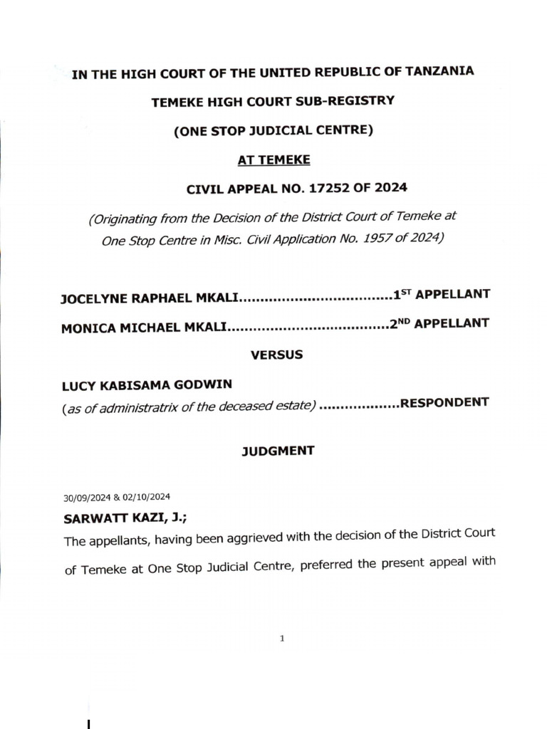 Jocelyne Raphael Mkali and Another Vs Lucy Kabisama Godwin 2024 TZHC ...