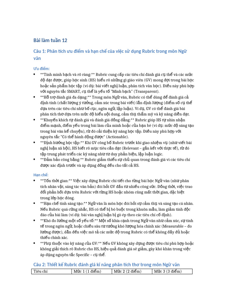 Bai Lam Tuan 12 Rubric NguVan | PDF