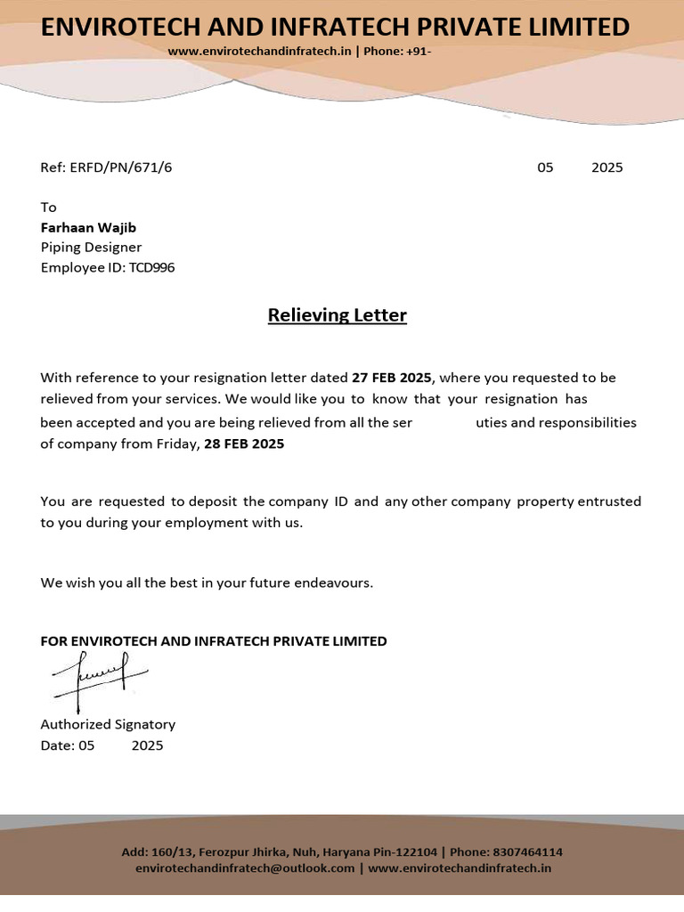 Reliving Letter - Farhaan - Wajib - cyientPvtLtd | PDF