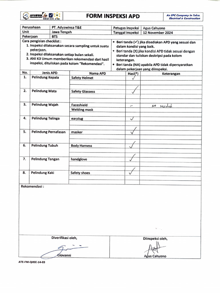 Form Checklist Inspeksi APD | PDF