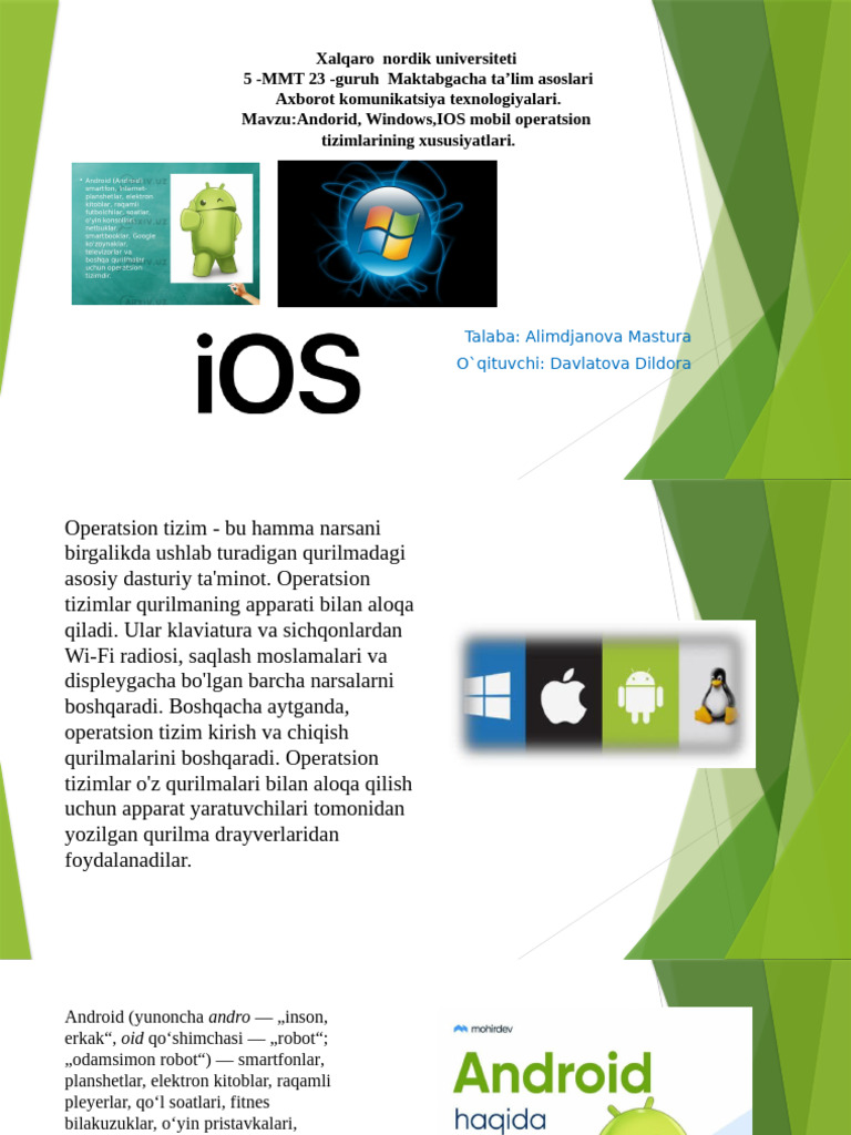 Andorid, Windows, IOS Mobil Operatsion Tizimlarining Xususiyatlari. | PDF