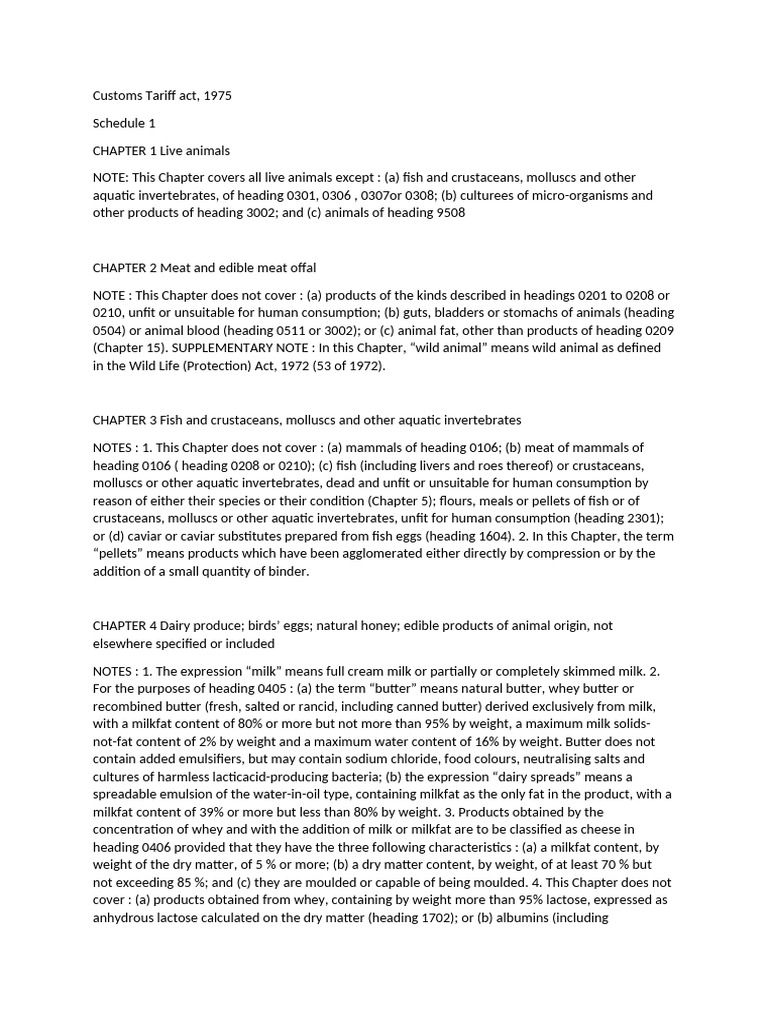 Customs Tariff Act, 1975, Schedule 1 Tariff Heading | PDF | Milk | Butter