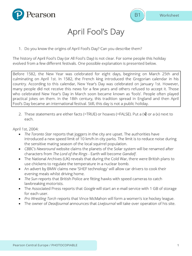 b1 Teenagers April Fool S Day Lesson Plan Worksheet | PDF