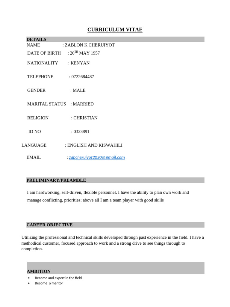 Curriculum Vitae Zablon K Cheruiyot | PDF