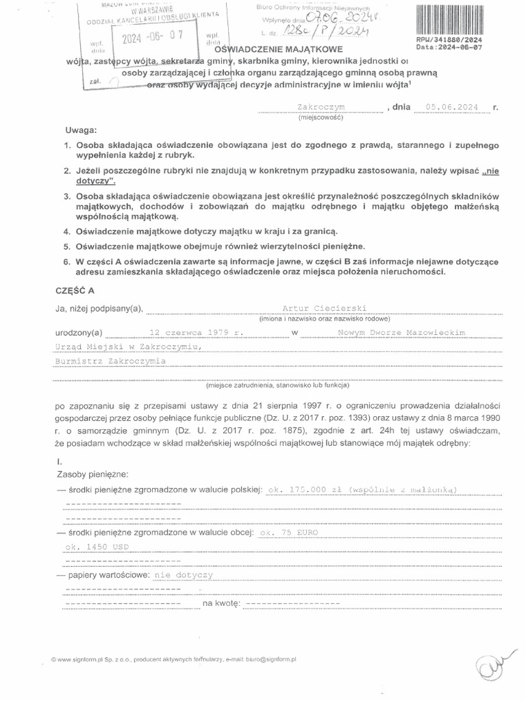 Oświadczenie Majątkowe Artura Ciecierskiego | PDF
