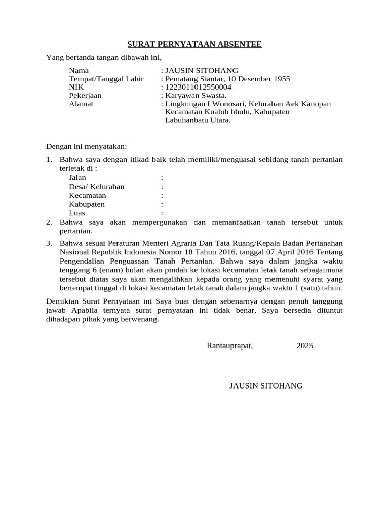 Surat Pernyataan Absentee | PDF