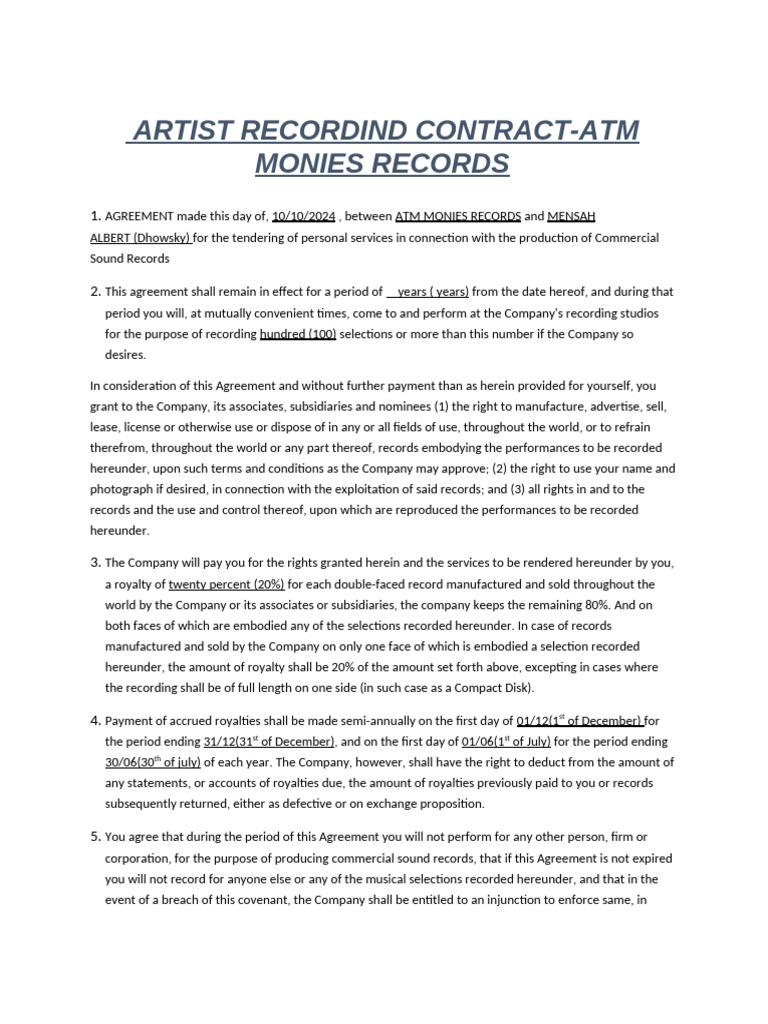 Artist Recording Contract Atm | PDF | Royalty Payment | Breach Of Contract