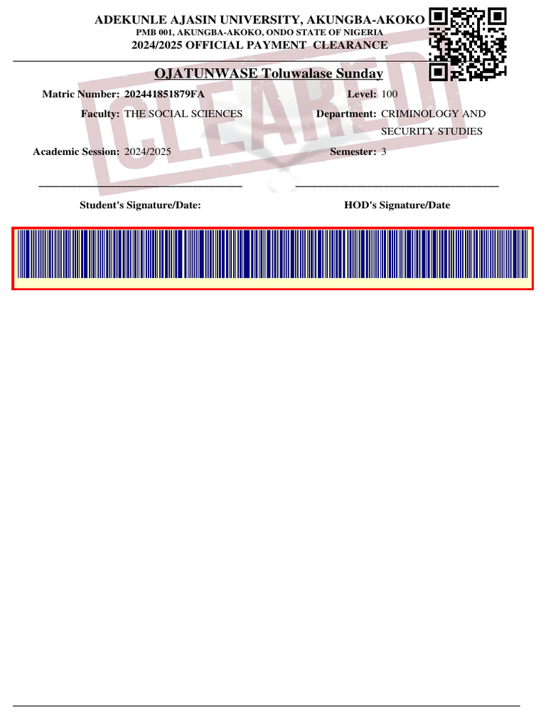 Ojatunwase Toluwalase Sunday - 100 - Clearance | PDF