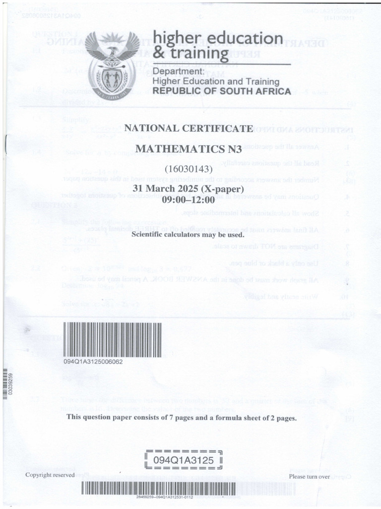 Mathematics N3 Exam Paper 2025 | PDF | Cartesian Coordinate System | Circle