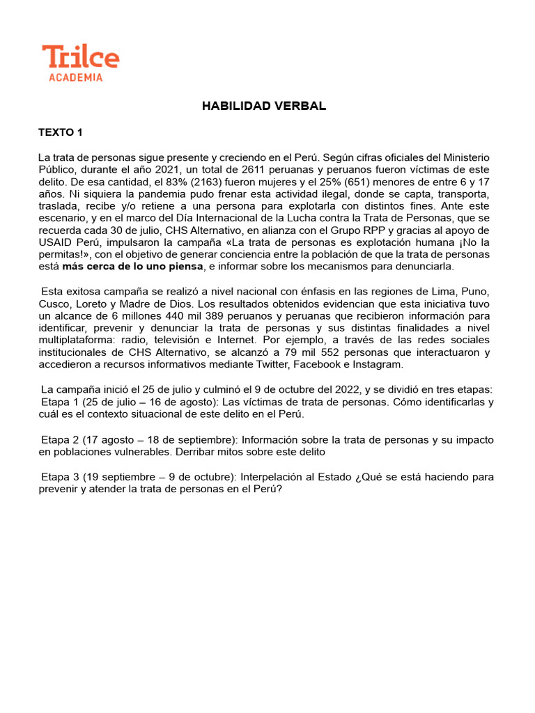 Habilidad Verbal SM | PDF | Trata de personas | Perú