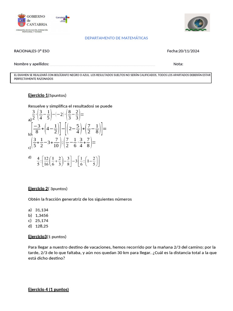 Ex1 Fracciones 3eso 2024 | PDF
