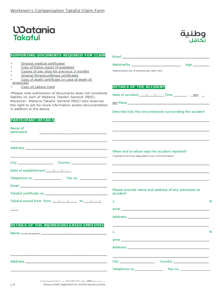 Watania Takaful - Workmens Compensation Takaful Claim Form | PDF ...