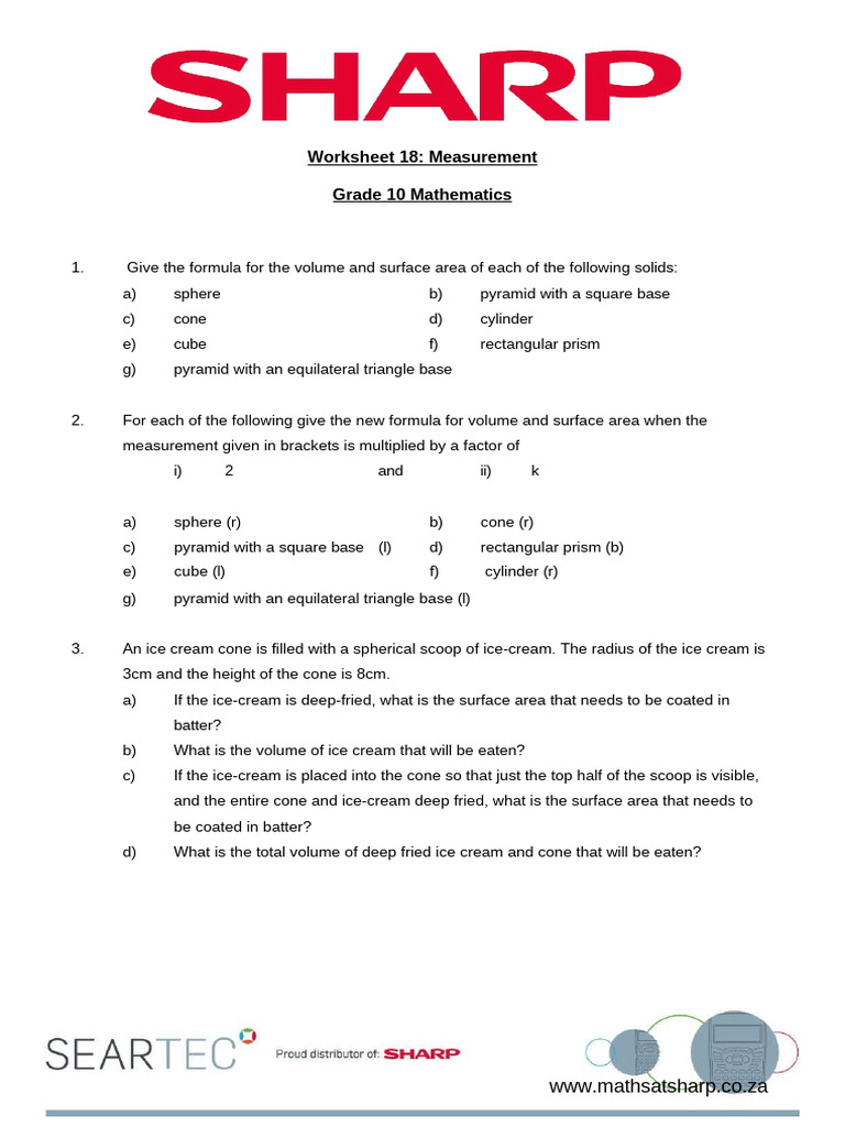 Grade 10 Measurement Worksheet | PDF | Area | Sphere