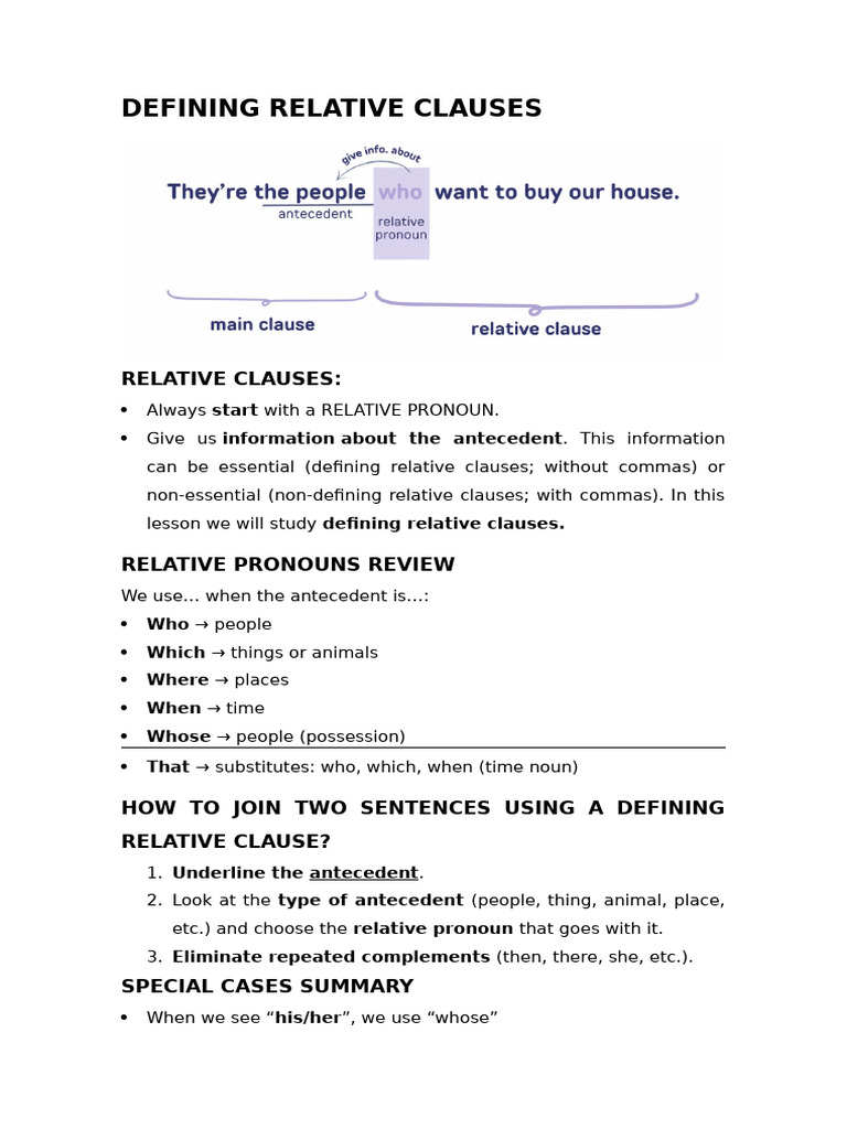 Notes On Defining Relative Clauses 3° ESO ESL | PDF