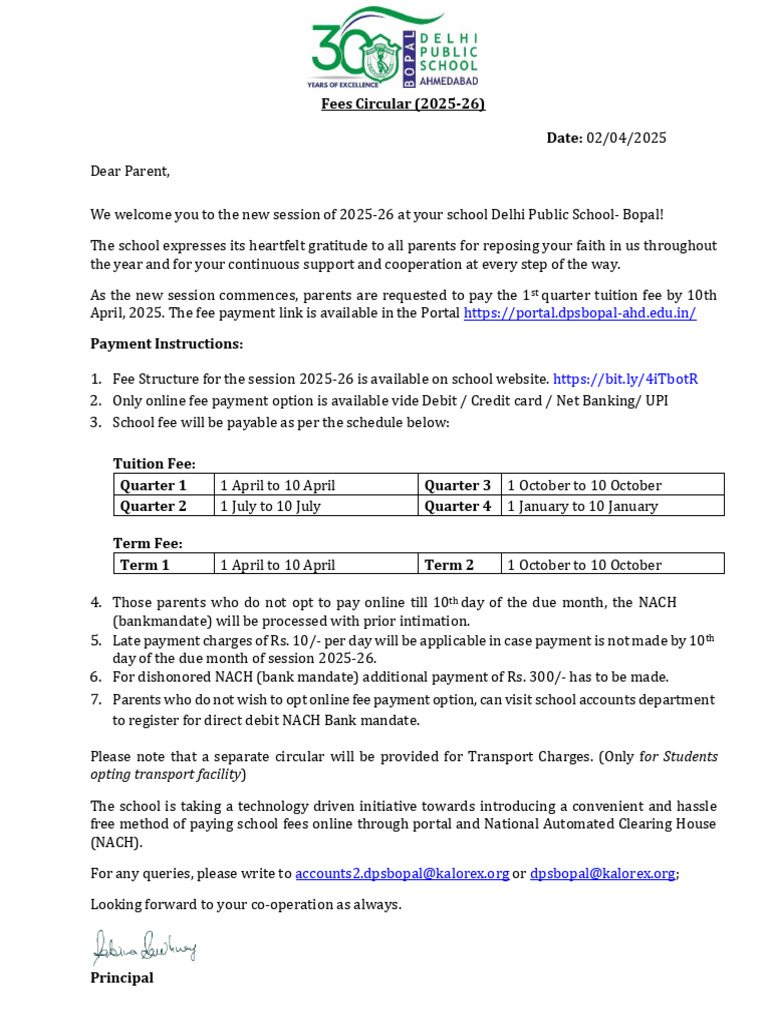 Fees Circular (2025-26) Date:: or Students Opting Transport Facility | PDF