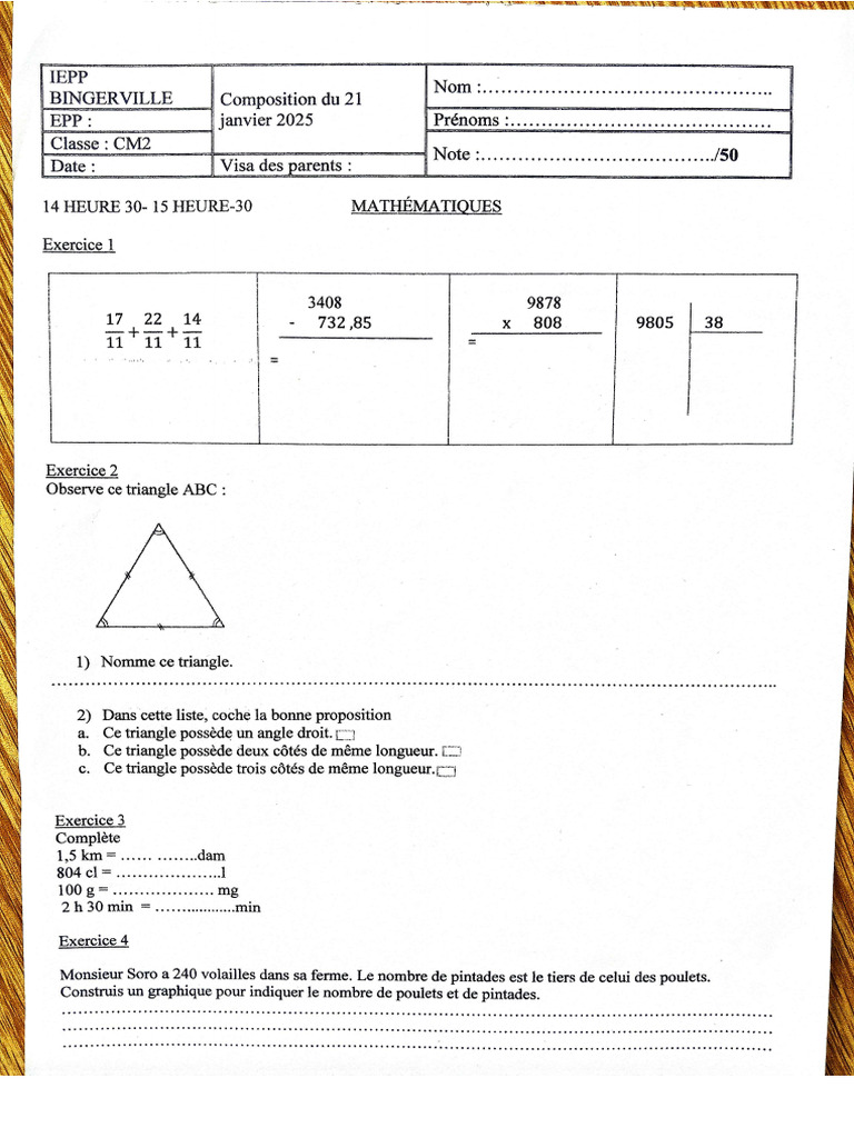 COMPOSITION N⁰2 Mathématiques CM2 de Janvier 2025-IEP BINGERVILLE | PDF