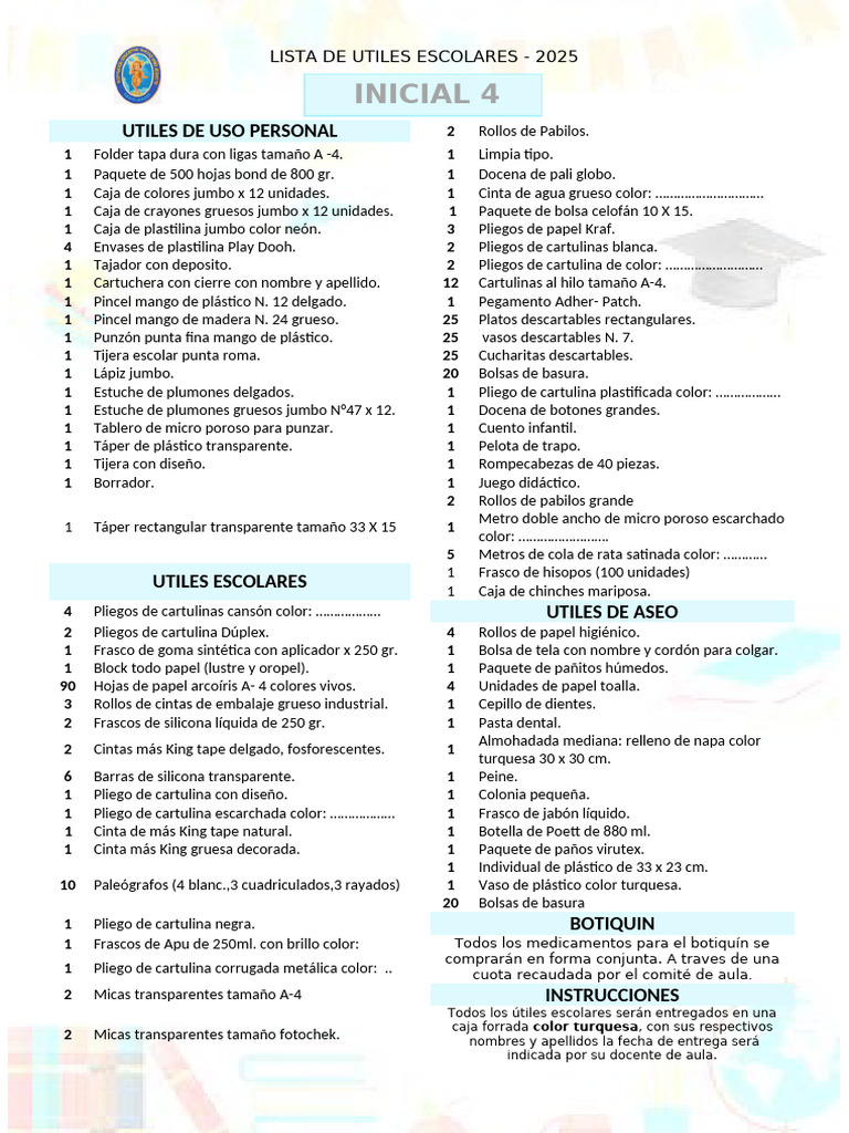 Lista de Útiles Escolares 2025 Inicial | PDF | Papelería | Materiales