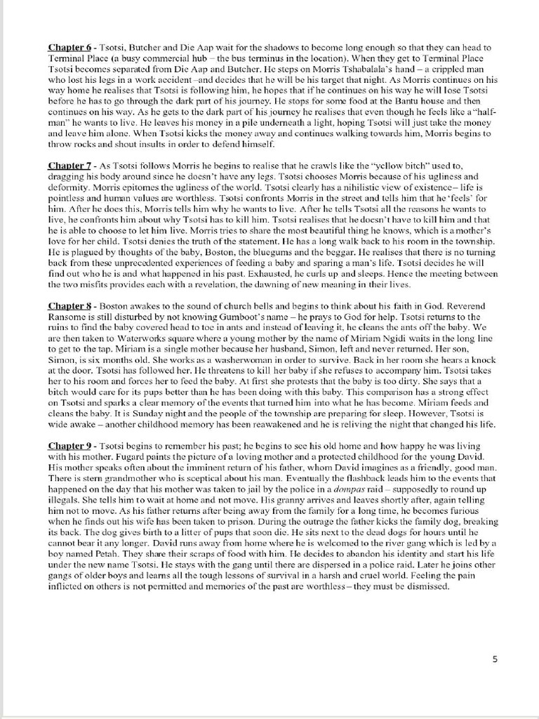 Tsotsi Chapter 6 To 9 Summary | PDF