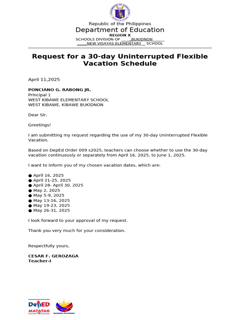 Teacher's 30-Day Vacation Request | PDF