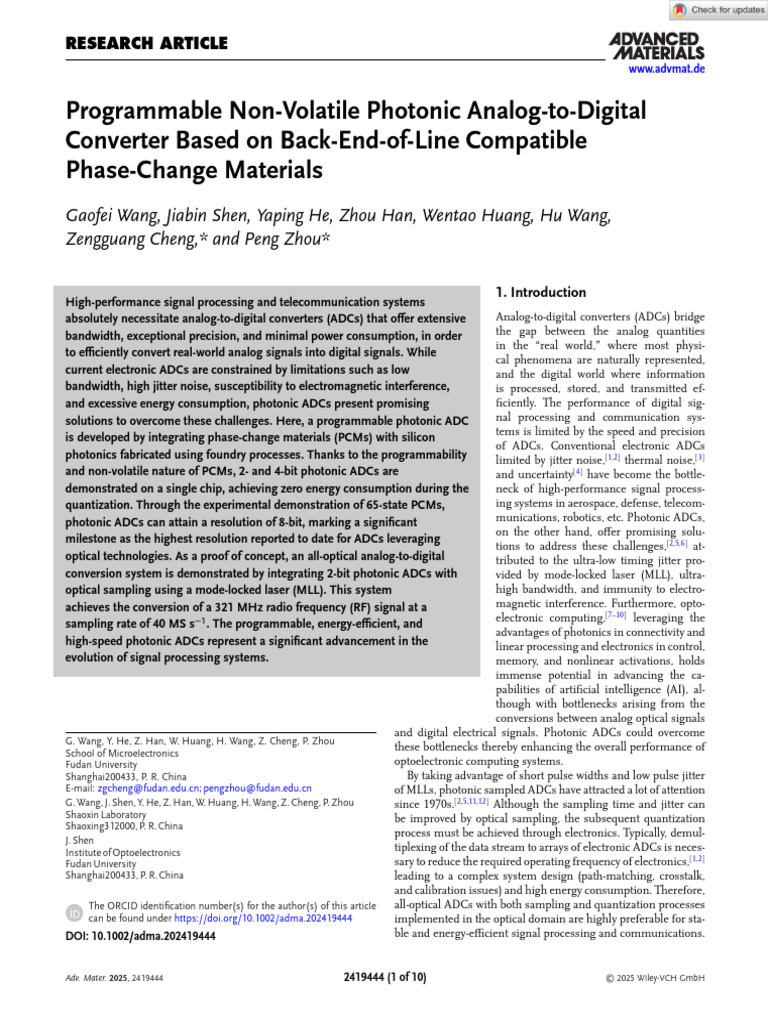 Advanced Materials - 2025 - Wang - Programmable Non Volatile Photonic Analog To Digital ...