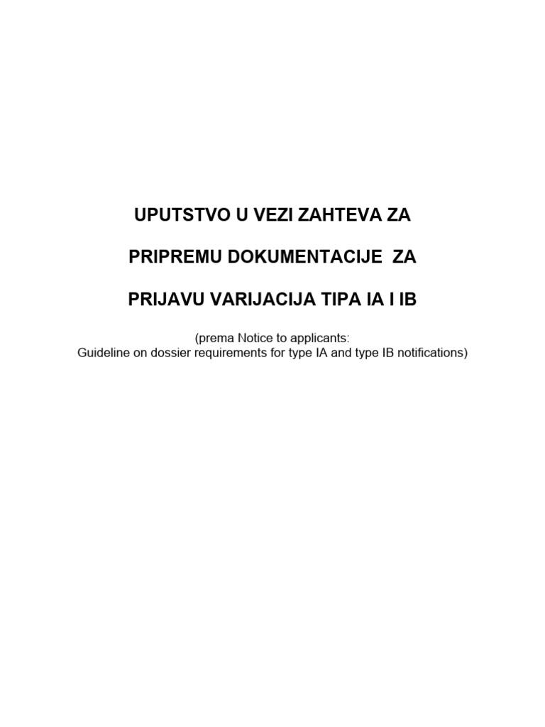 Uputstvo U Vezi Zahteva Za Pripremu Dokumentacije Za Prijavu Varijacija Tipa Ia I Ib | PDF