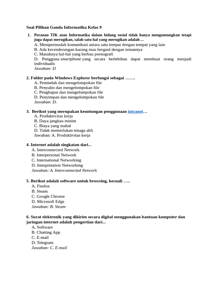 Soal Pilihan Ganda Informatika Kelas 9 | PDF