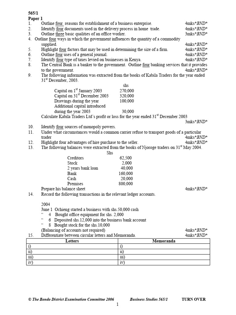 Business Studies Exam Questions 565/1 | PDF | Business Economics ...