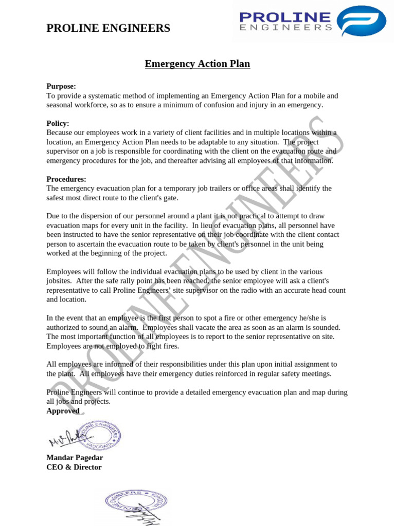 Emergency Action Plan - Proline Engineers | PDF