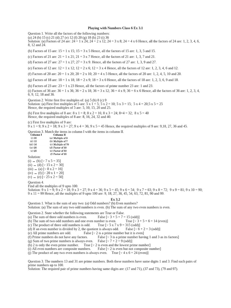 Playing With Numbers Class 6 Ex 3 | PDF | Prime Number | Factorization