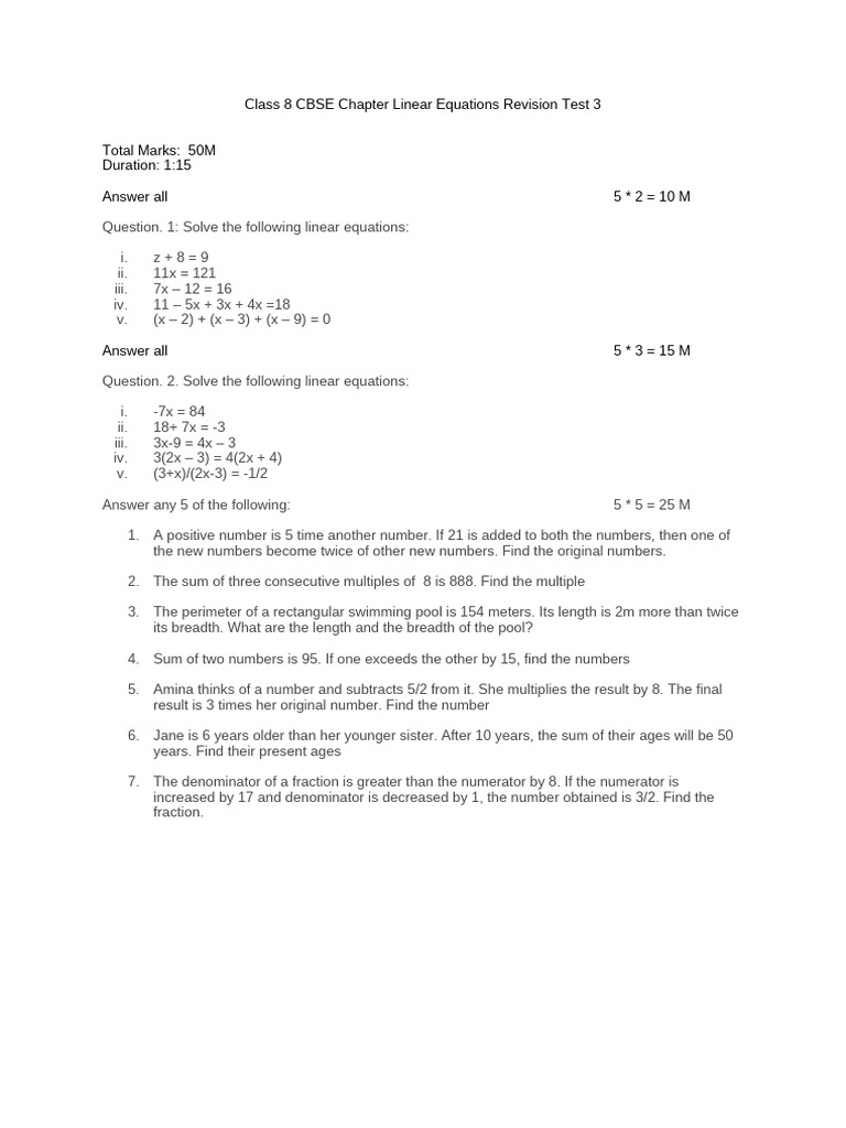 Class 8 Linear equations Question Paper | PDF | Numbers | Algebra