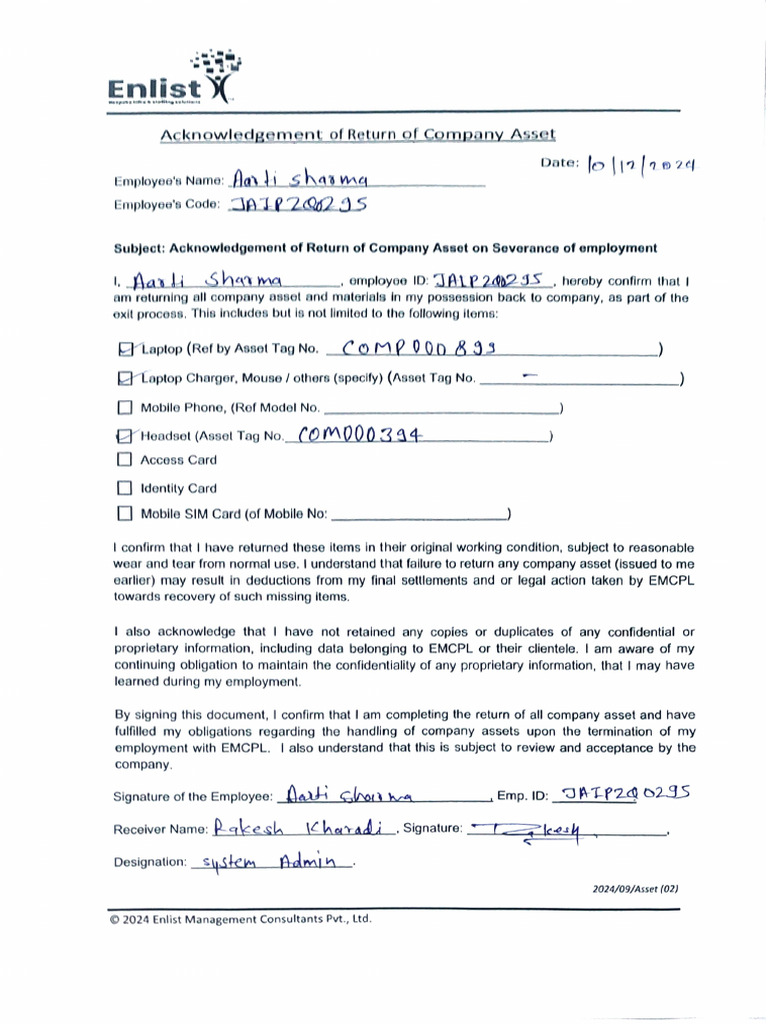 Aarti Sharma Assets Return Form | PDF