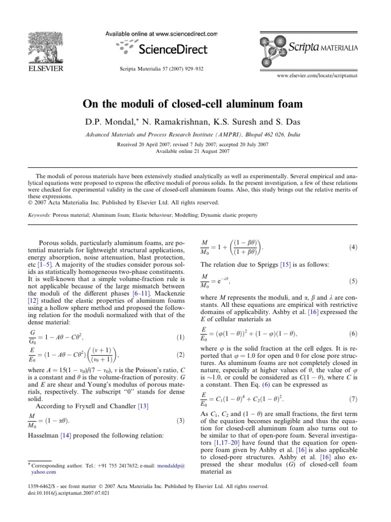 On The Moduli of Closed Cell Aluminum Foam 2007 Scripta Materialia ...