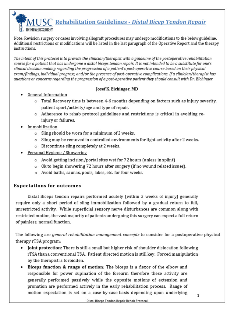 Distal Bicep Tendon Repair Protocol | PDF | Elbow | Anatomical Terms Of ...