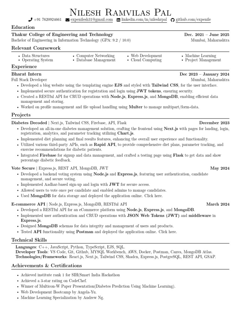 Nilesh Ramvilas Pal - Full Stack Developer Resume | PDF | Mongo Db | Web Development