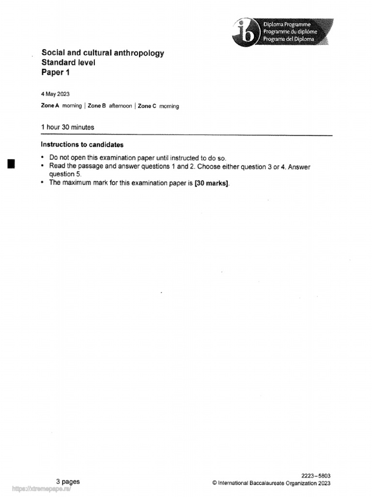 Social and Cultural Anthropology Paper 1 SL TZC | PDF