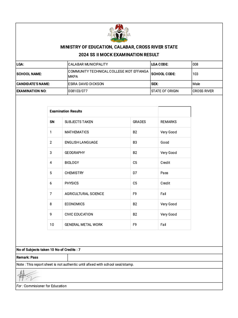 Mock Examination Results - Cross River State Ministry of Education | PDF