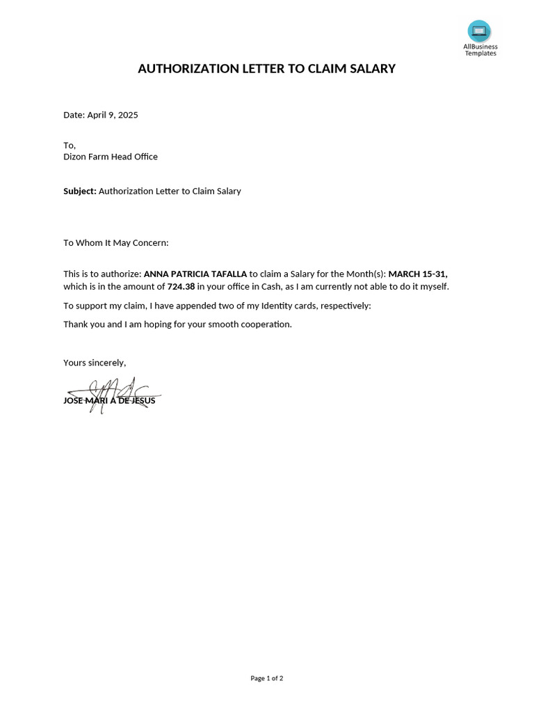 Authorization Letter for Salary Claim | PDF