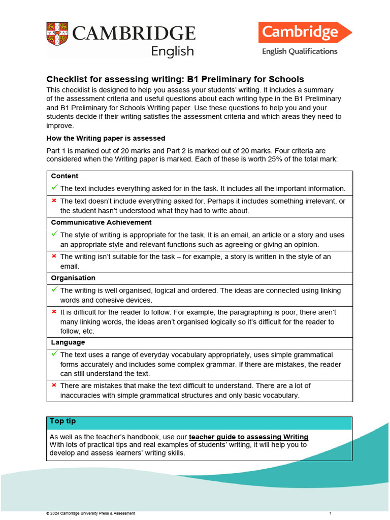 B1 Writing Assessment Checklist | PDF | Word | Vocabulary