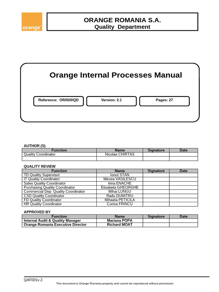Orange Romania Internal Processes Manual | PDF | Service Level ...