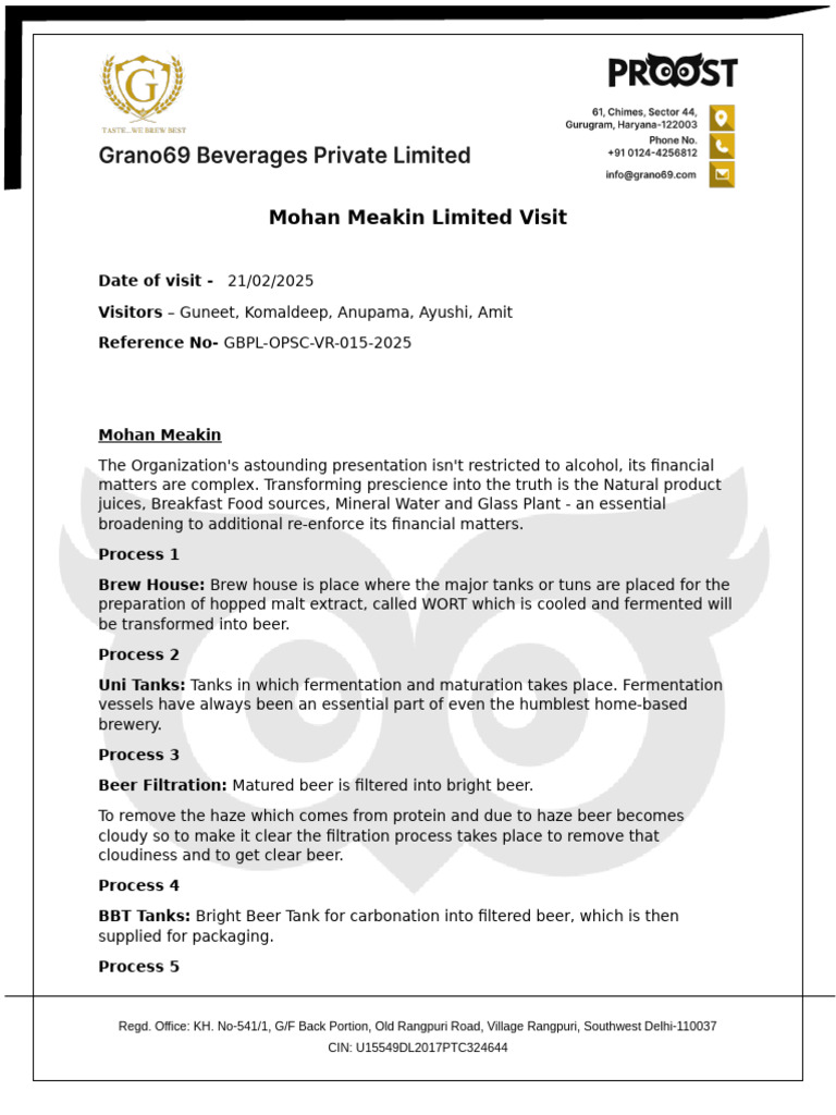 Mohan Meakin Brewing Process Overview | PDF | Beer | Brewing
