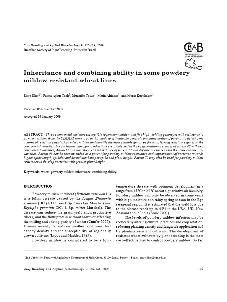 Inheritance and Combining Ability in Some Powdery Mildew Resistant Wheat Lines | PDF | Plant ...
