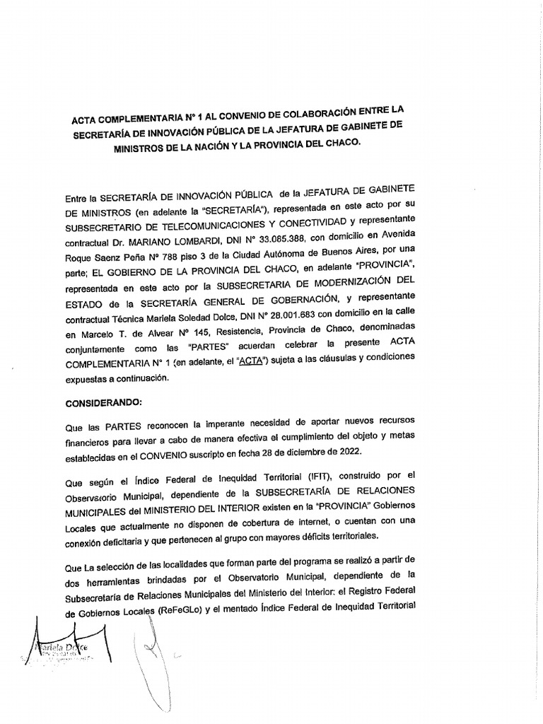 Acta Complementaria N° 1 - Convenio Modernización Con Nación | PDF